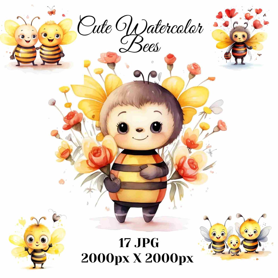 Cute Watercolor Bees, Cute Clip Art Bundle, 17 JPG, Printable, Instant ...