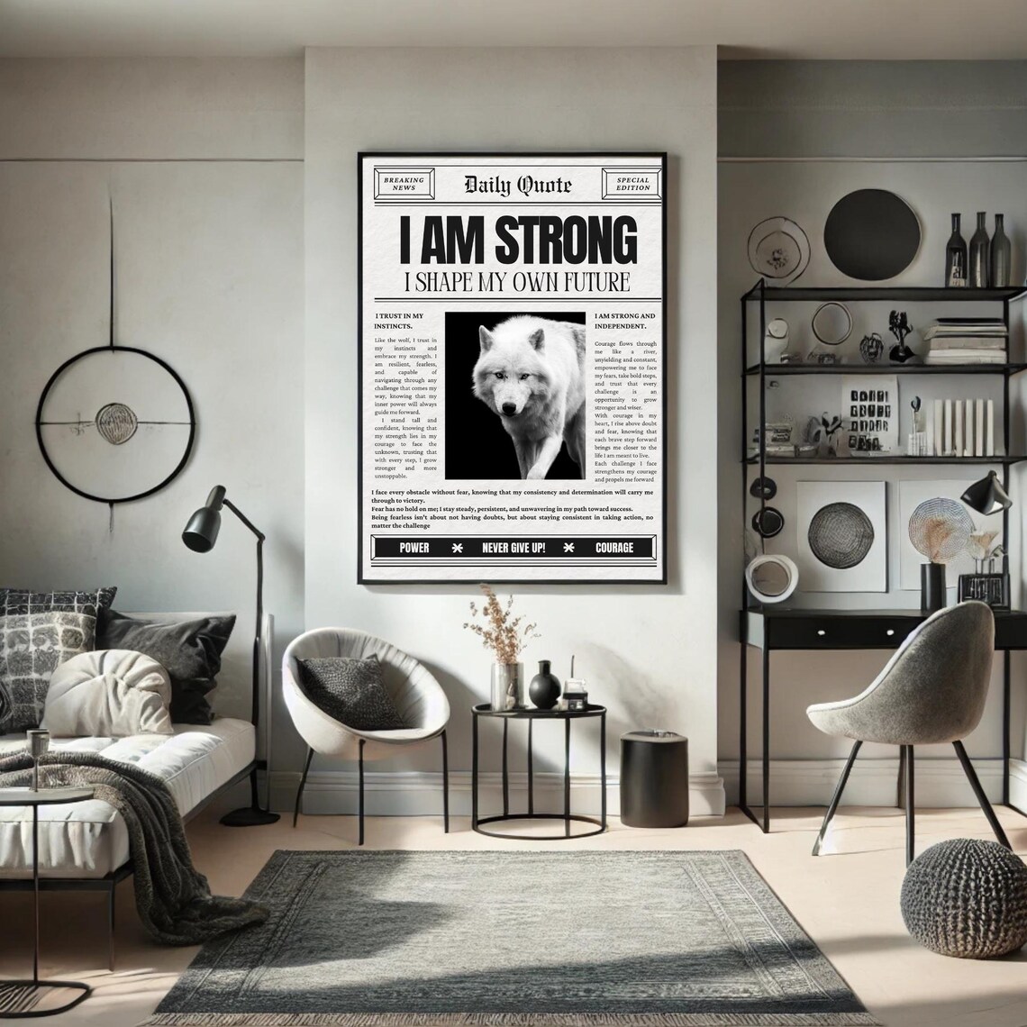 Wolf Strength Affirmation Poster Motivational Wall Art Newspaper Style ...