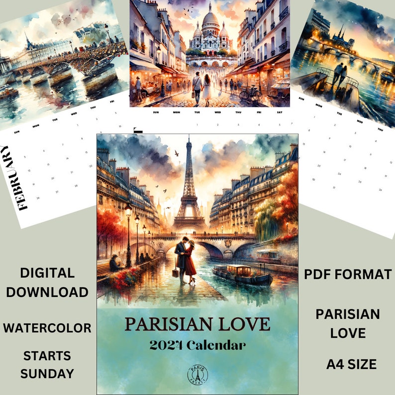 2024 Printable Watercolor Calendar, Parisian Love, Paris Landscape ...