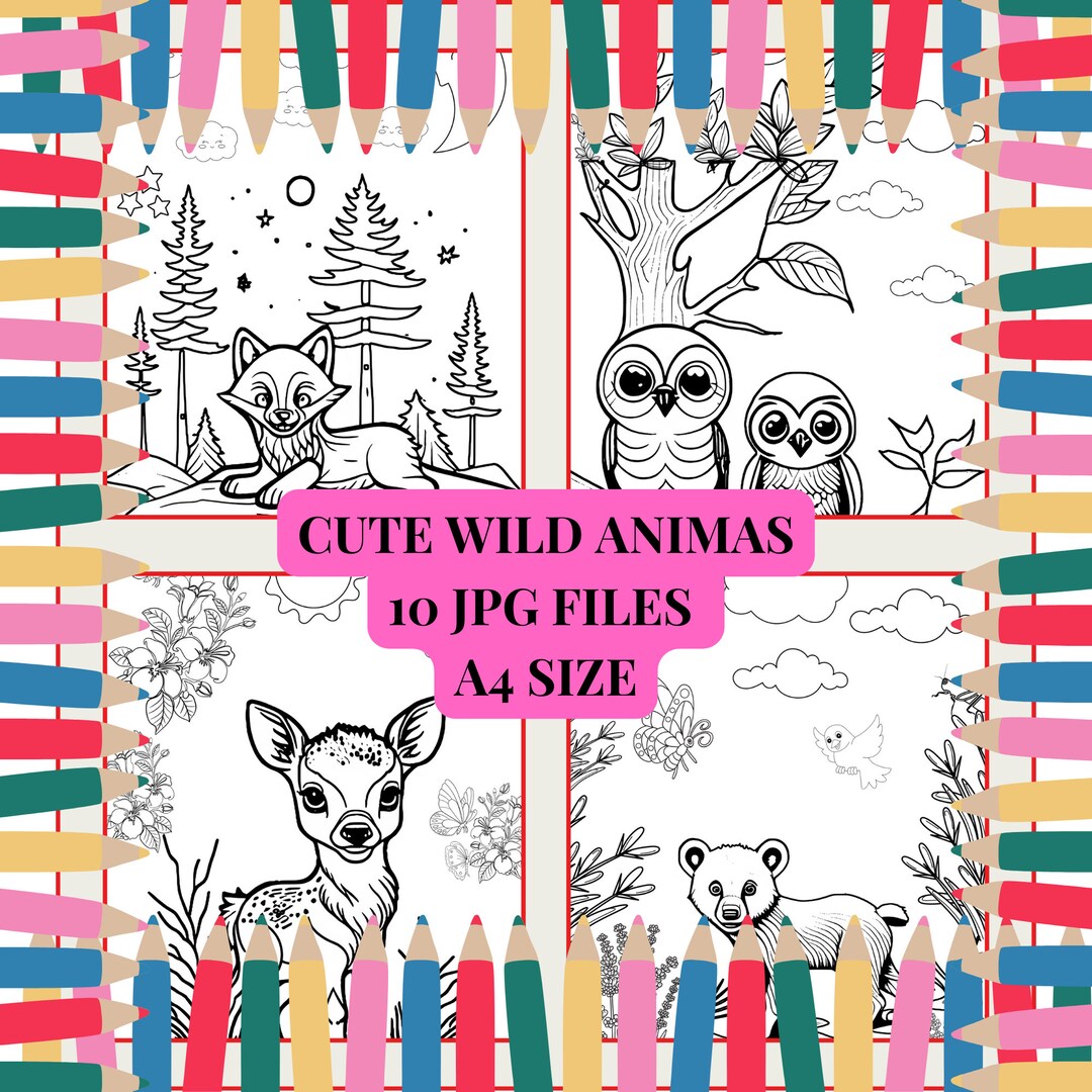 Cute Wild Animals Bundle - 10 JPG Coloring Pages for Toddlers - Etsy