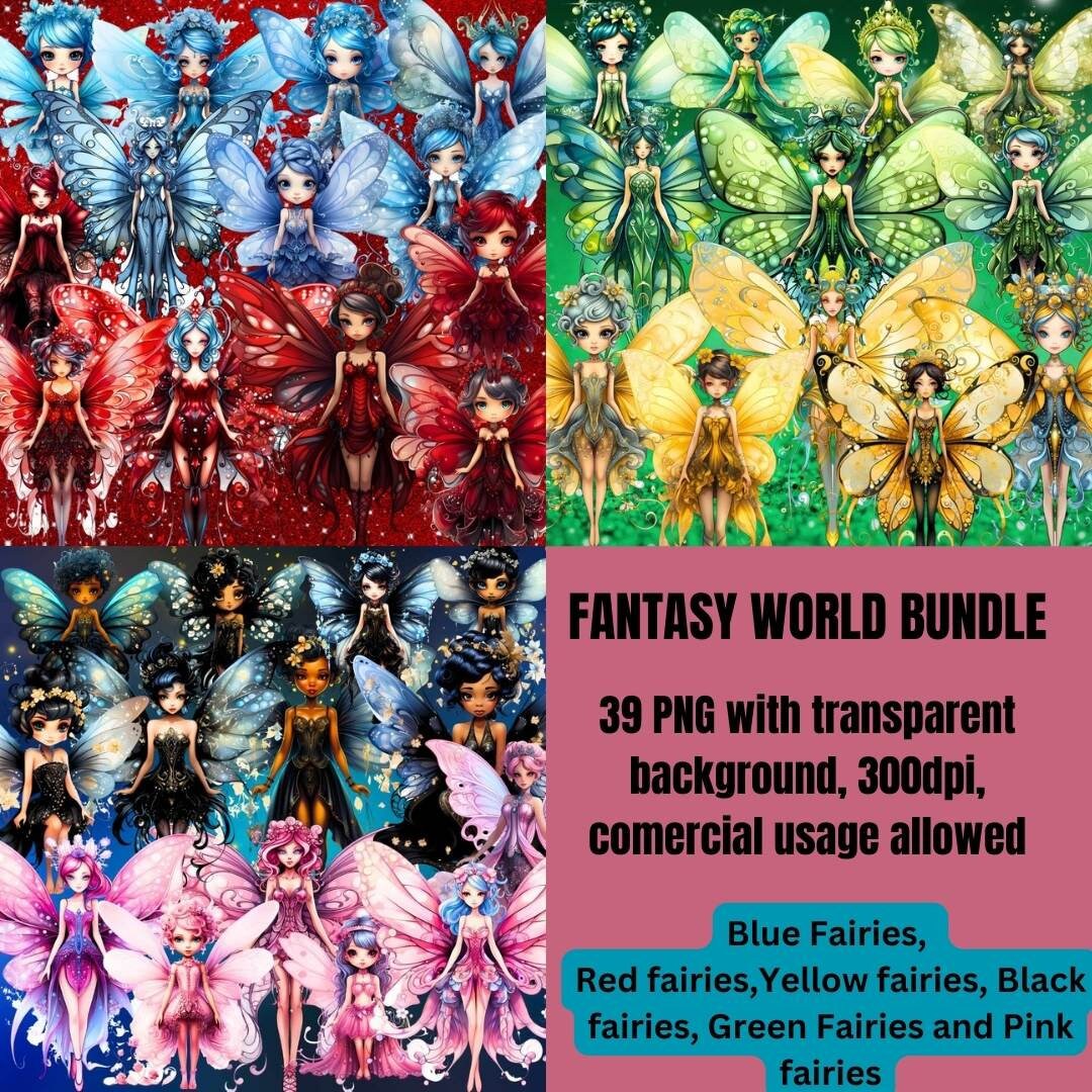 Fairies Bundle Clip Art - 39 PNG, Blue Fairies, Red Fairies, Yellow ...