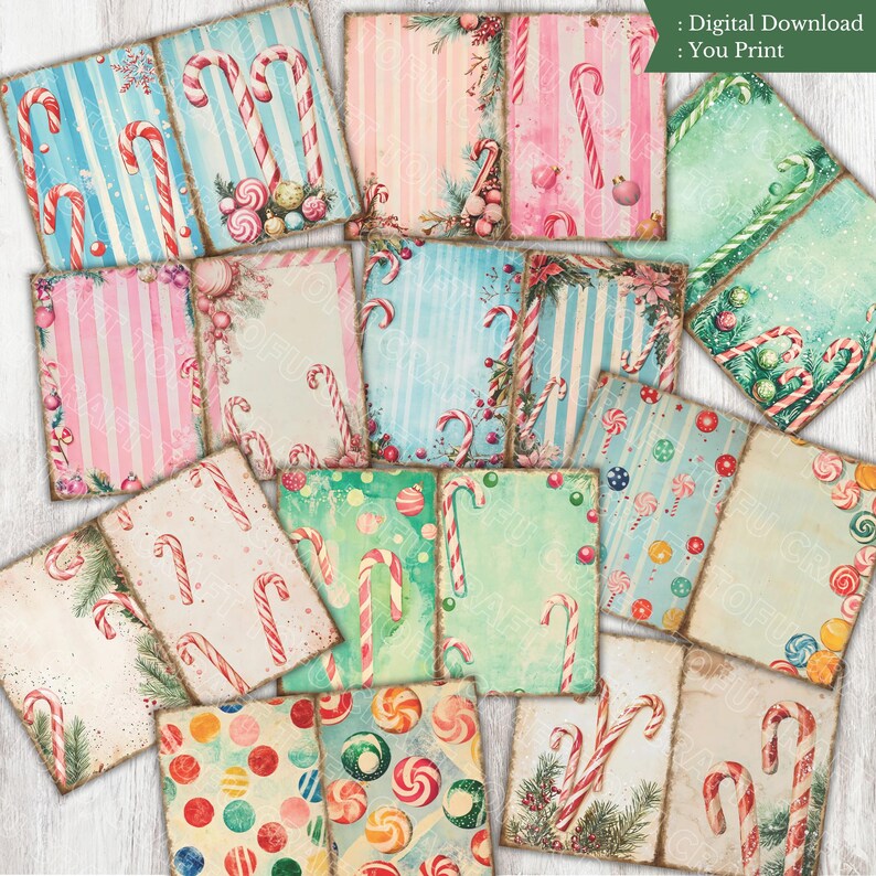 Candy Cane Junk Journal Pages, Printable Christmas Collage Papers for ...