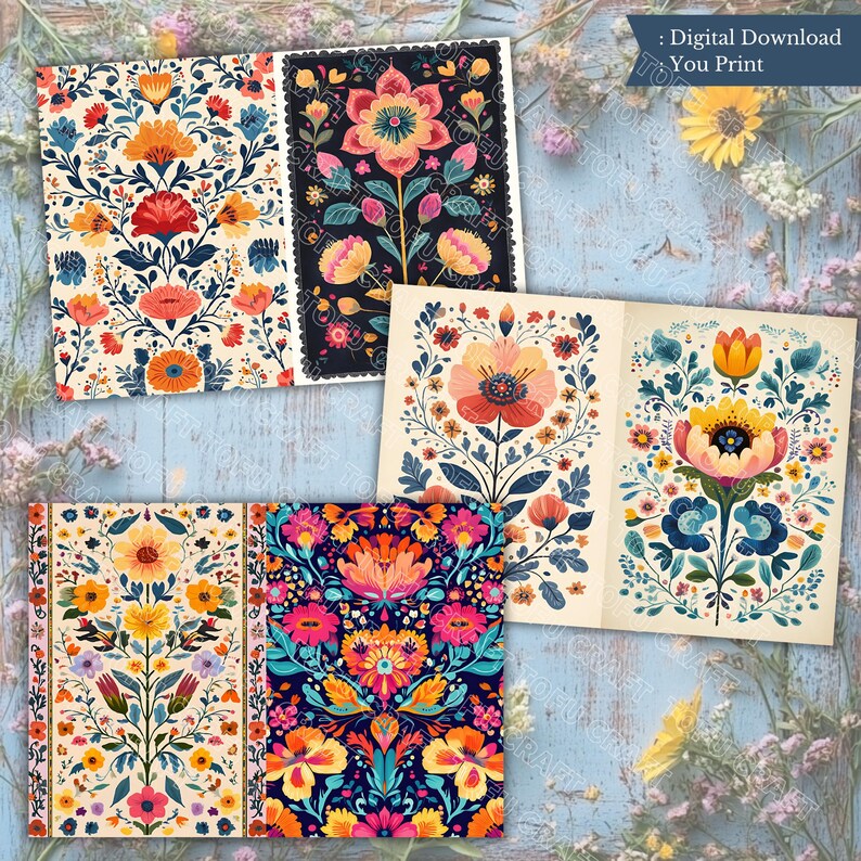 Scandinavian Folk Art Flower Printable Paper, Collage Sheets (digital ...