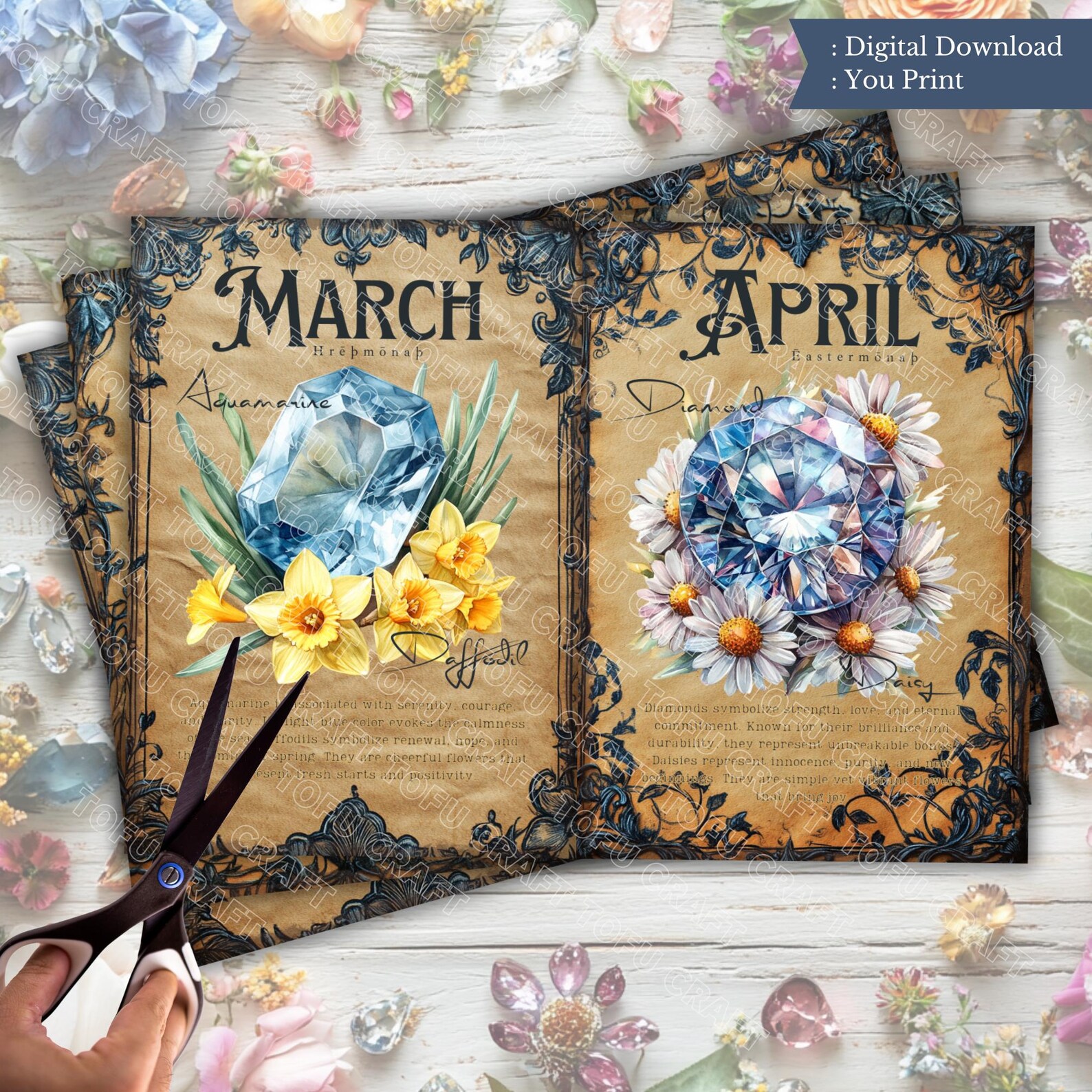 Birthstone Flower Collage Paper, Junk Journal Printable (digital ...