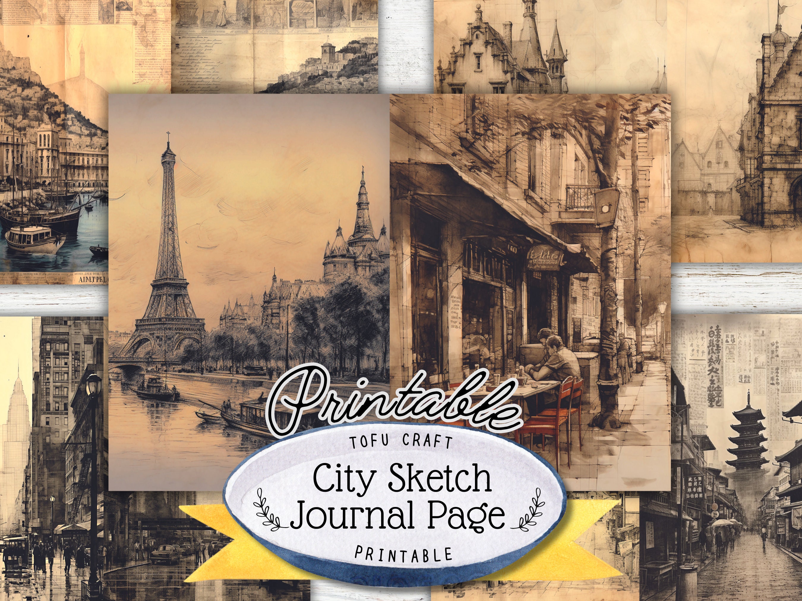 City Sketch Junk Journal Digital Paper Printable Vintage Pencil Sketch ...