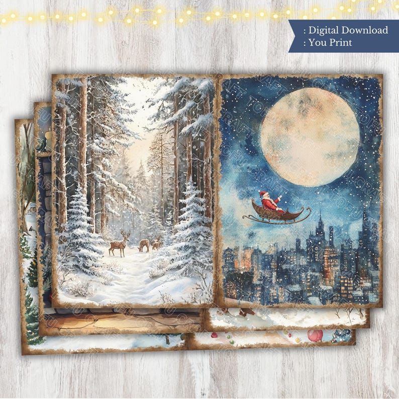 Christmas Scene Junk Journal Pages, Printable Watercolor Christmas Art ...