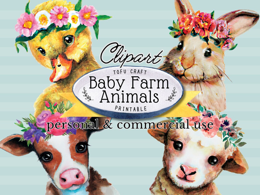 Watercolor Baby Farm Animals With Flower Crown Clipart Digital Print ...