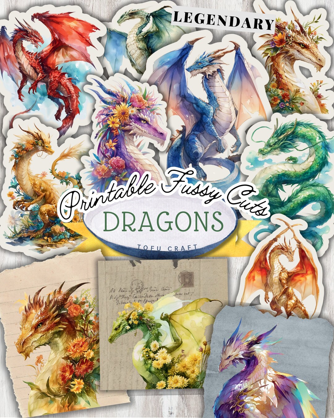 Printable Watercolor Dragon Collage Sheet Fantasy Dragon Digital ...