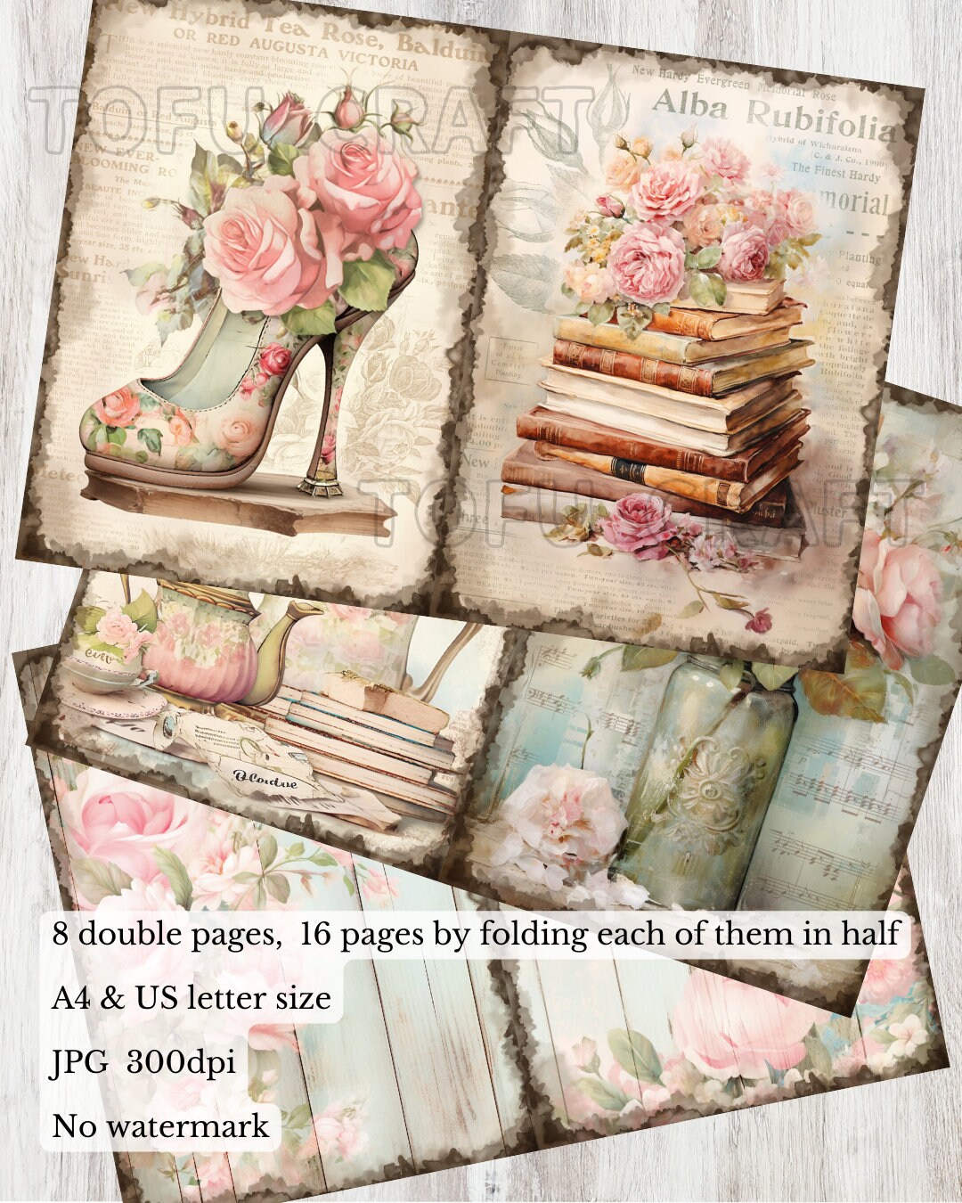Shabby Chic Junk Journal Pages Printable, Vintage Shabby Chic Paper for ...