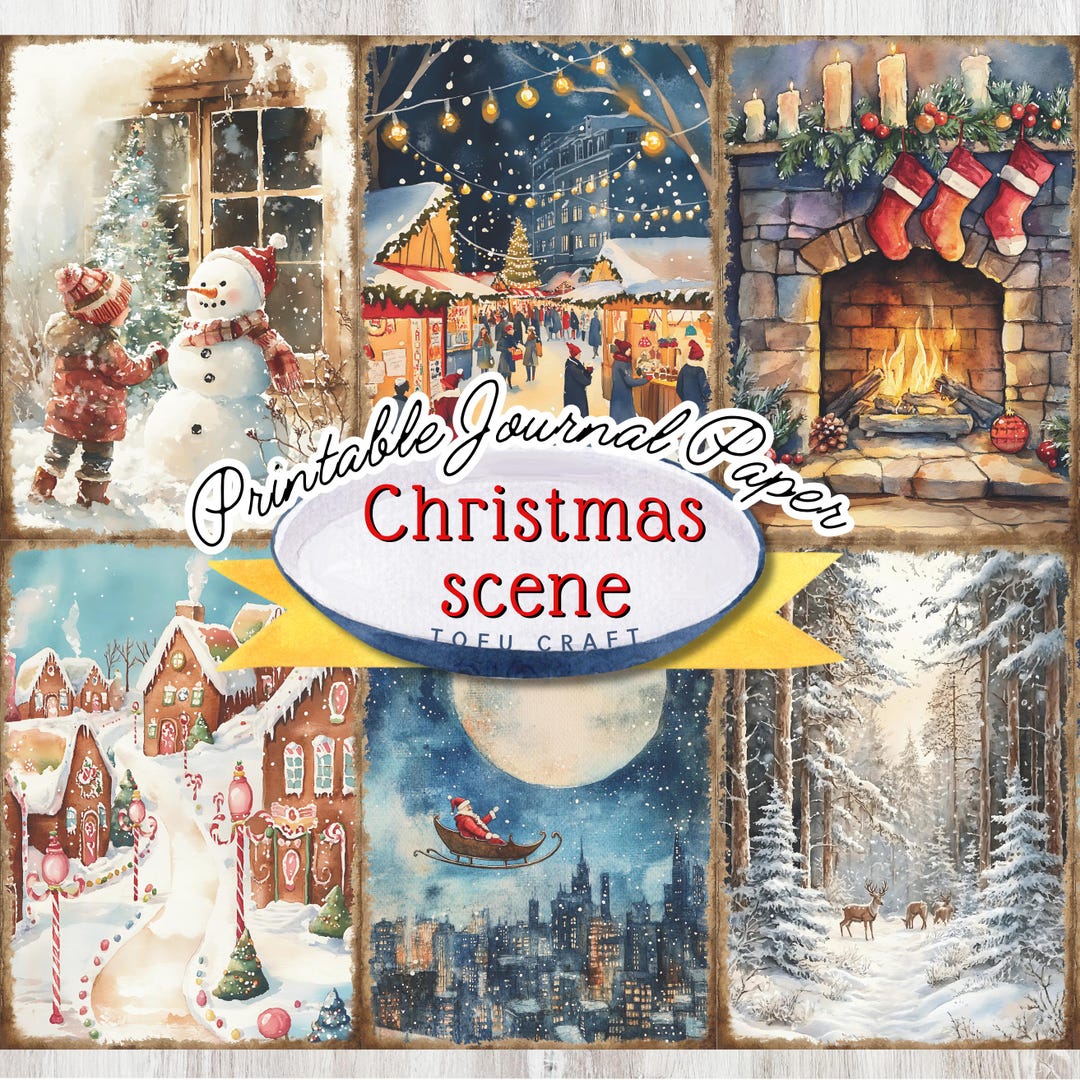 Christmas Scene Junk Journal Pages, Printable Watercolor Christmas Art ...