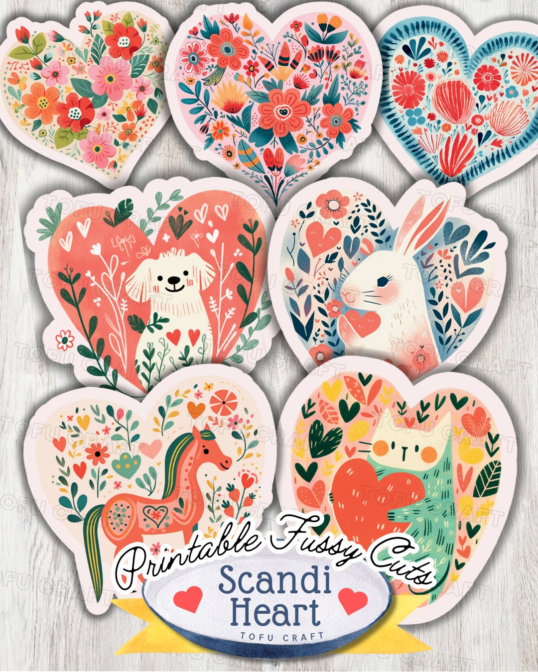 Scandinavian Valentine Heart Stickers, Folk Art Ephemera (digital ...