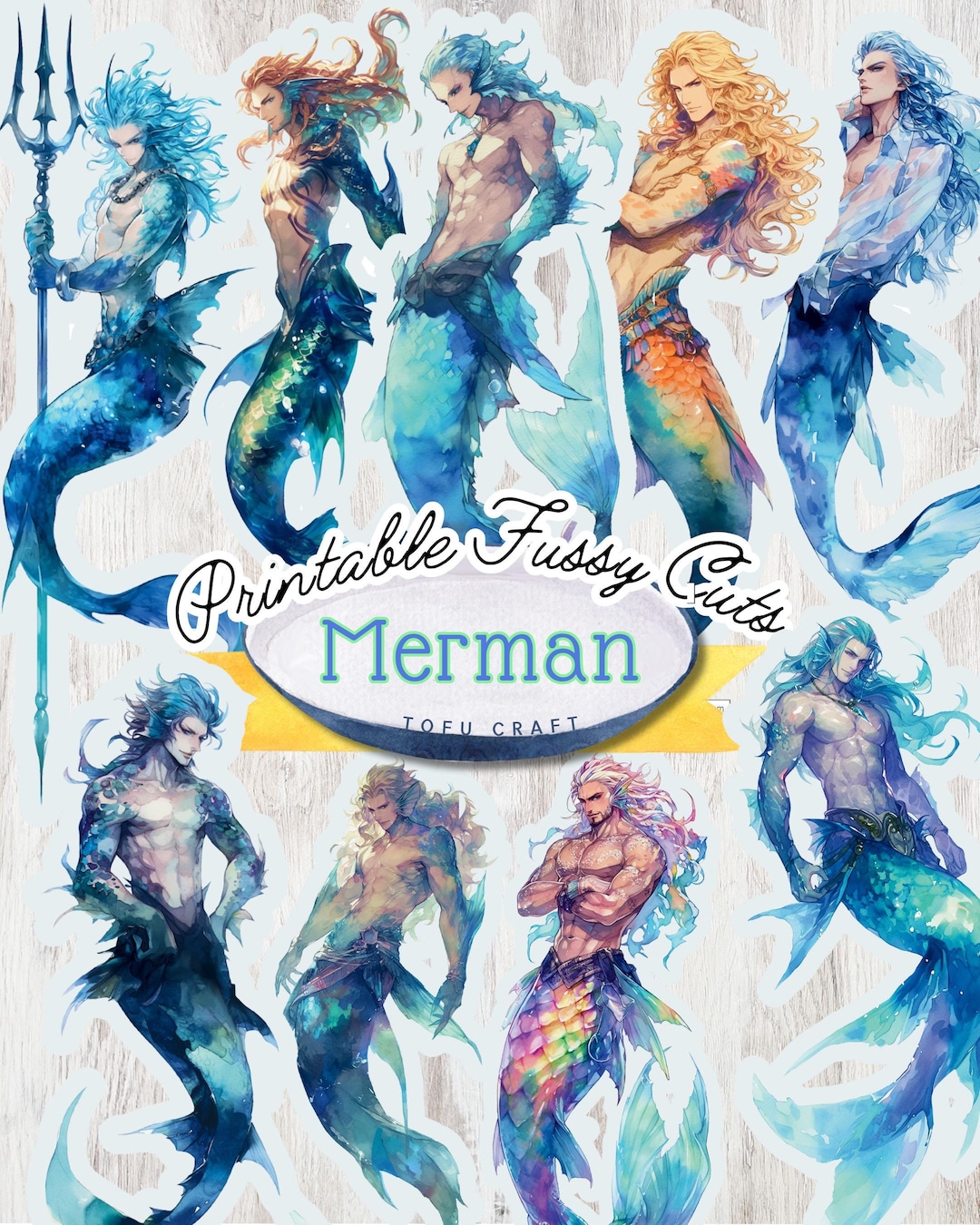 Printable Watercolor Merman Fussy Cuts Mermaid Ephemera for Junk ...