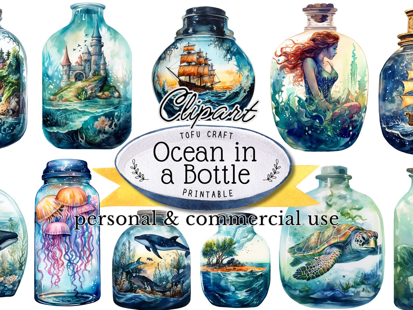 Ocean in a Bottle Clipart Digital Print Mermaid Commercial Use - Etsy