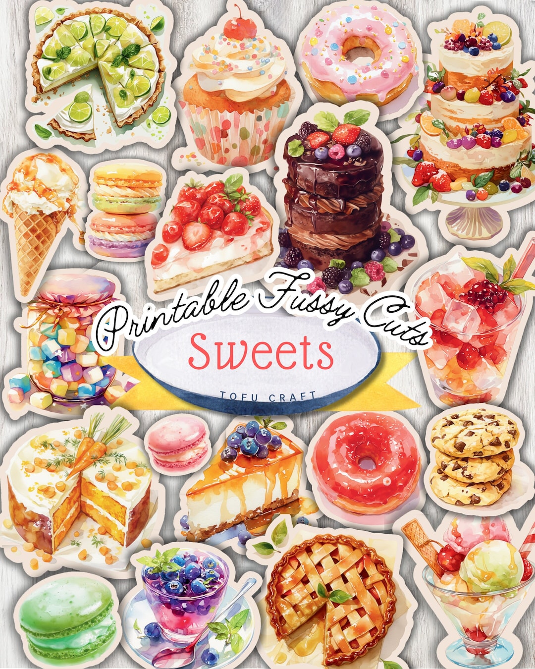 Watercolor Dessert Stickers, Scrapbooking Collage Sheet (digital ...