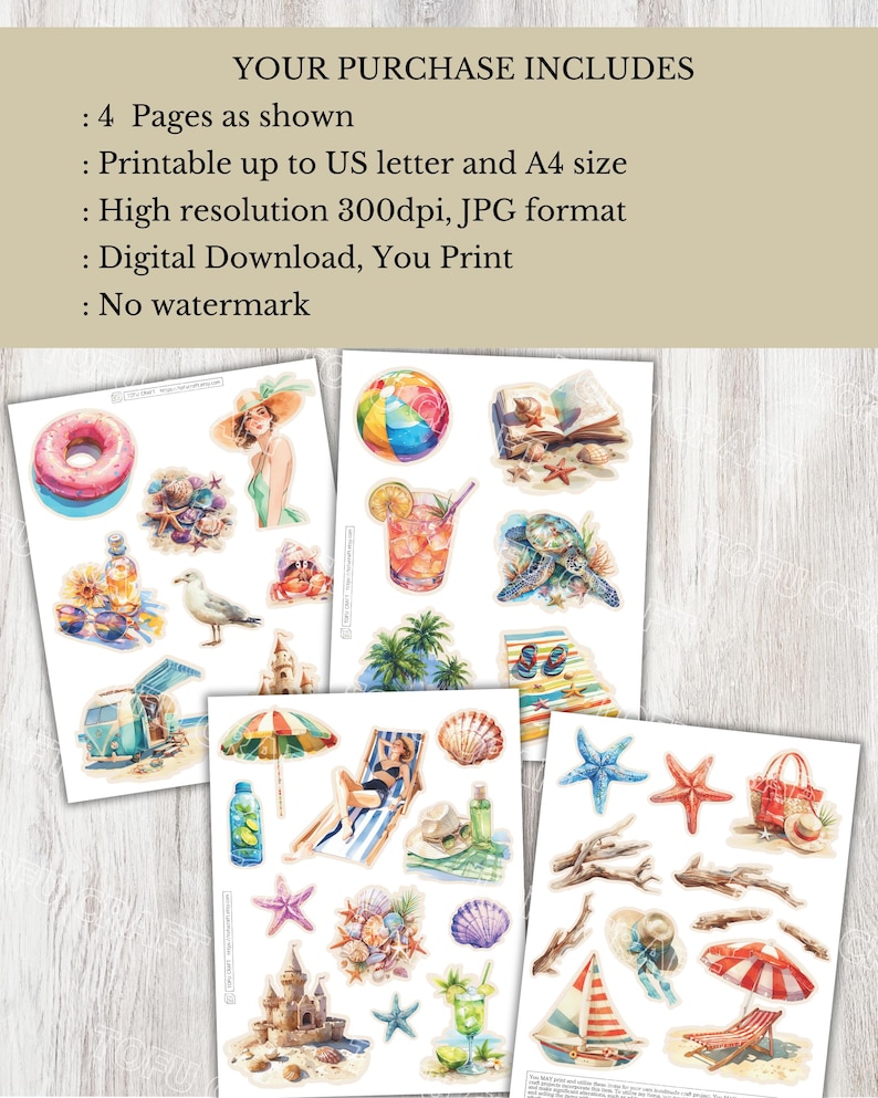 Ocean Beach Fussy Cuts, Printable Ephemera, Summer Scrapbooking ...