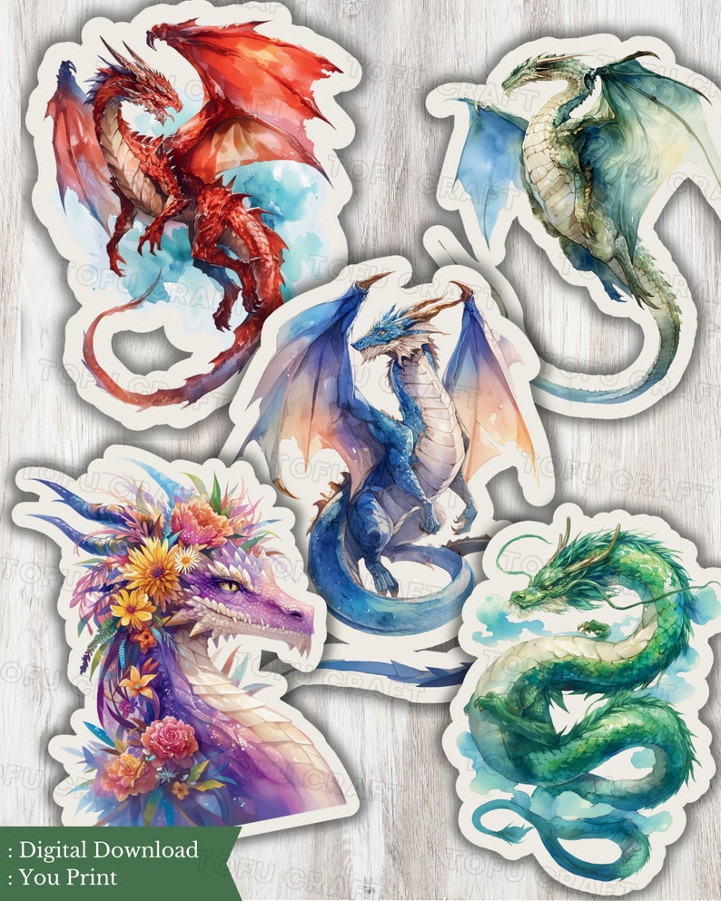 Printable Watercolor Dragon Collage Sheet Fantasy Dragon Digital ...