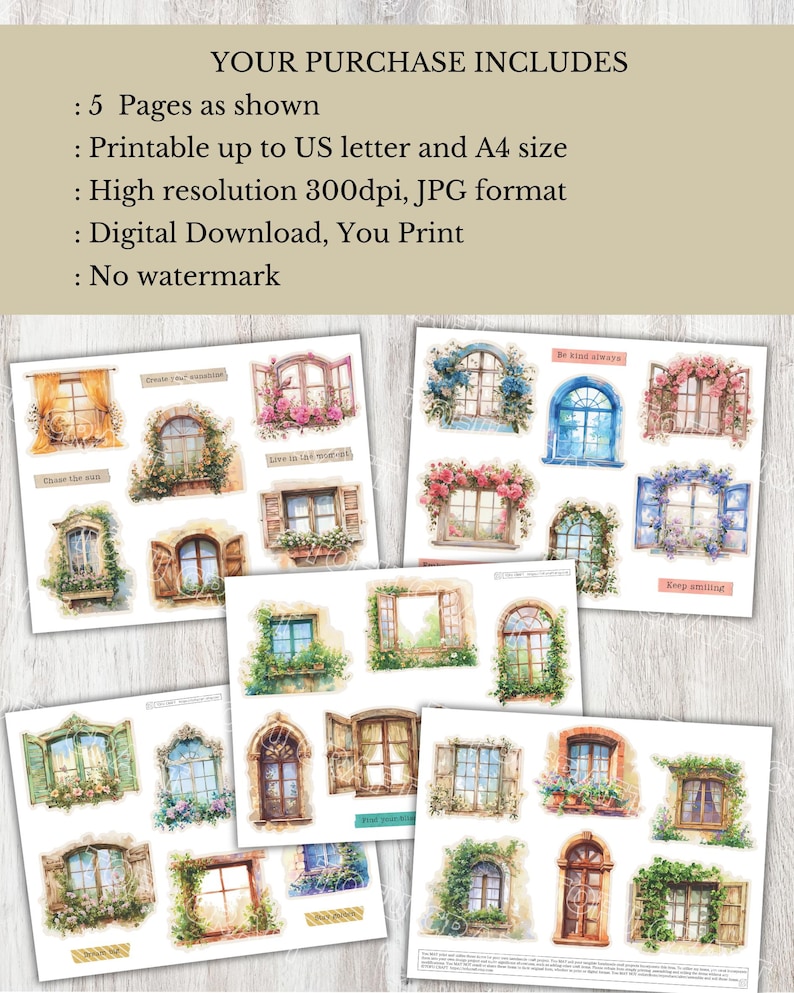 Rustic Window Ephemera for Junk Journal Scrapbooking Watercolor Vintage ...