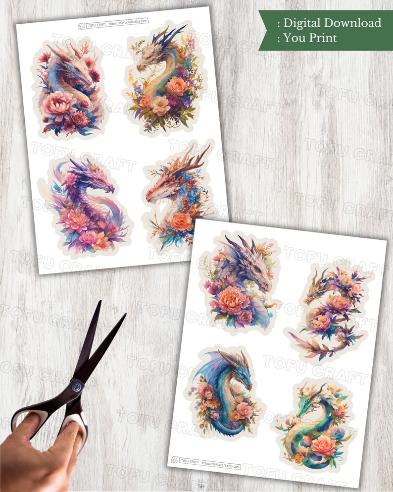 Printable Watercolor Dragon Collage Sheet Fantasy Dragon Digital ...