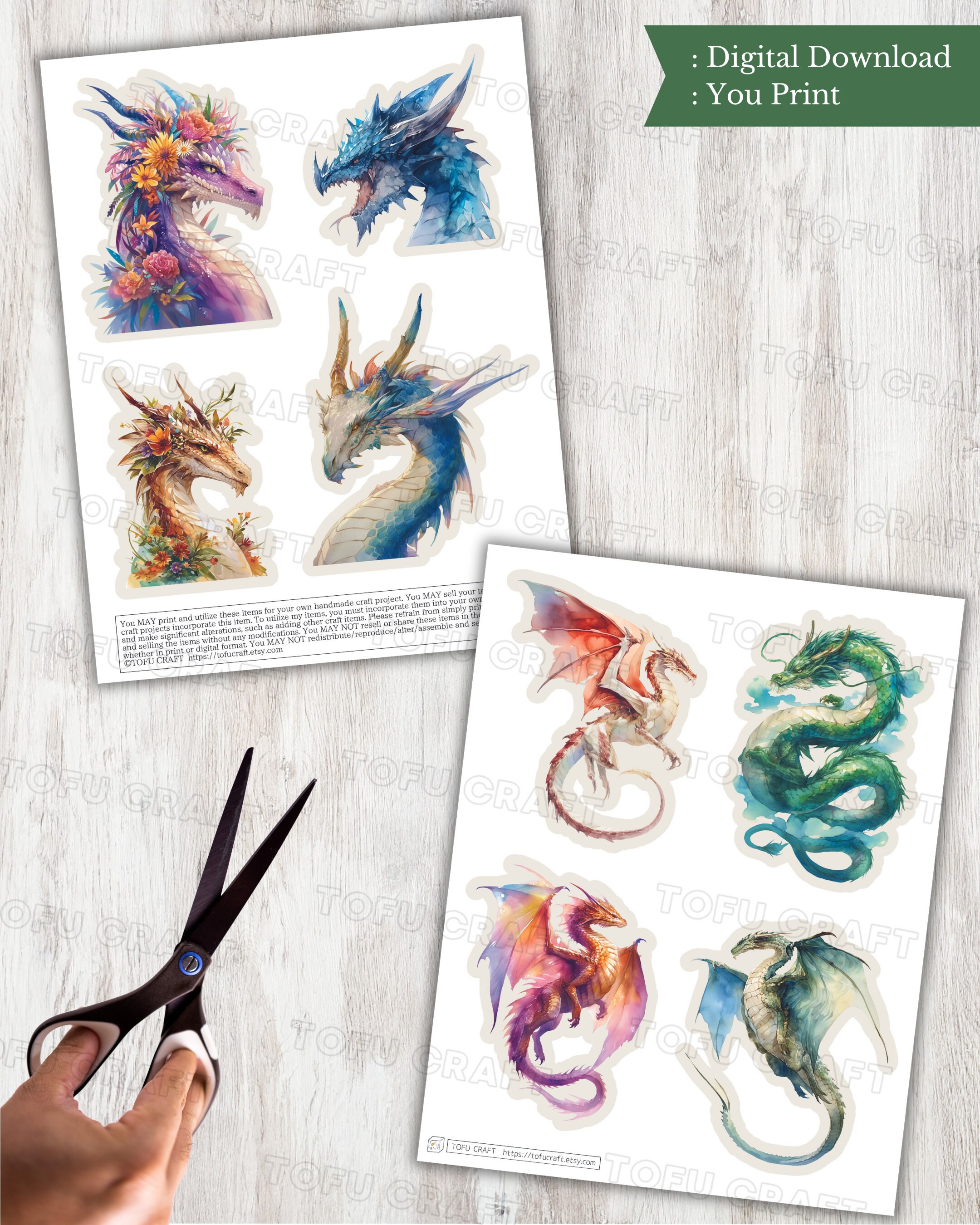 Printable Watercolor Dragon Collage Sheet Fantasy Dragon Digital ...