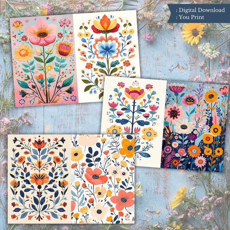 Scandinavian Folk Art Flower Printable Paper, Collage Sheets (digital ...
