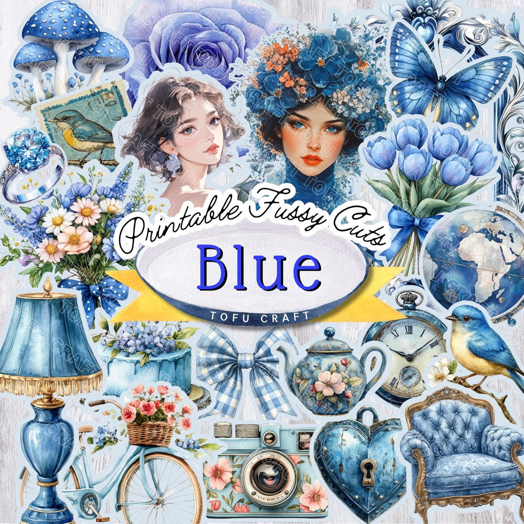 Blue Ephemera Fussy Cuts: Printable Scrapbooking Collage (digital ...