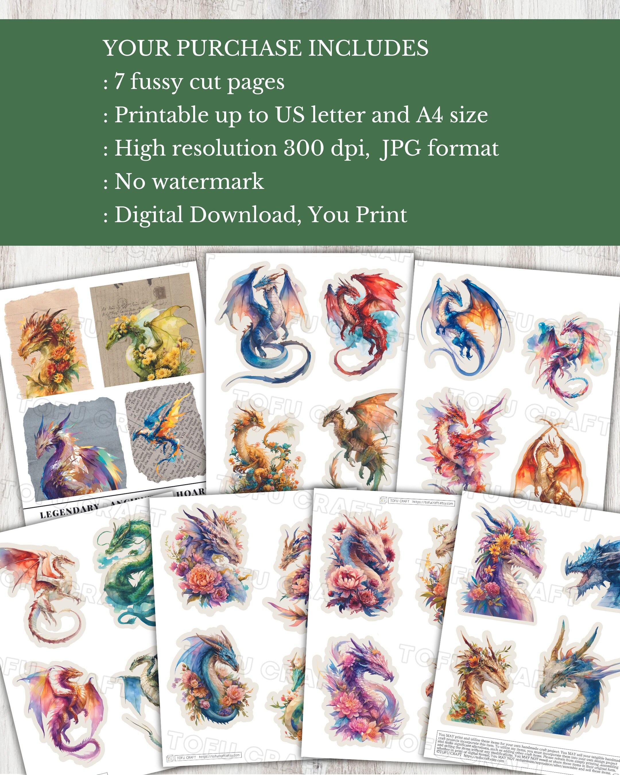 Printable Watercolor Dragon Collage Sheet Fantasy Dragon Digital ...