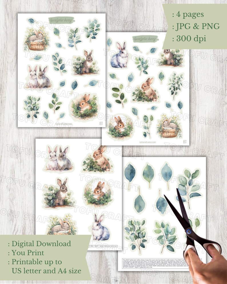 Watercolor Bunny Stickers – Eucalyptus Ephemera, Junk Journal ...
