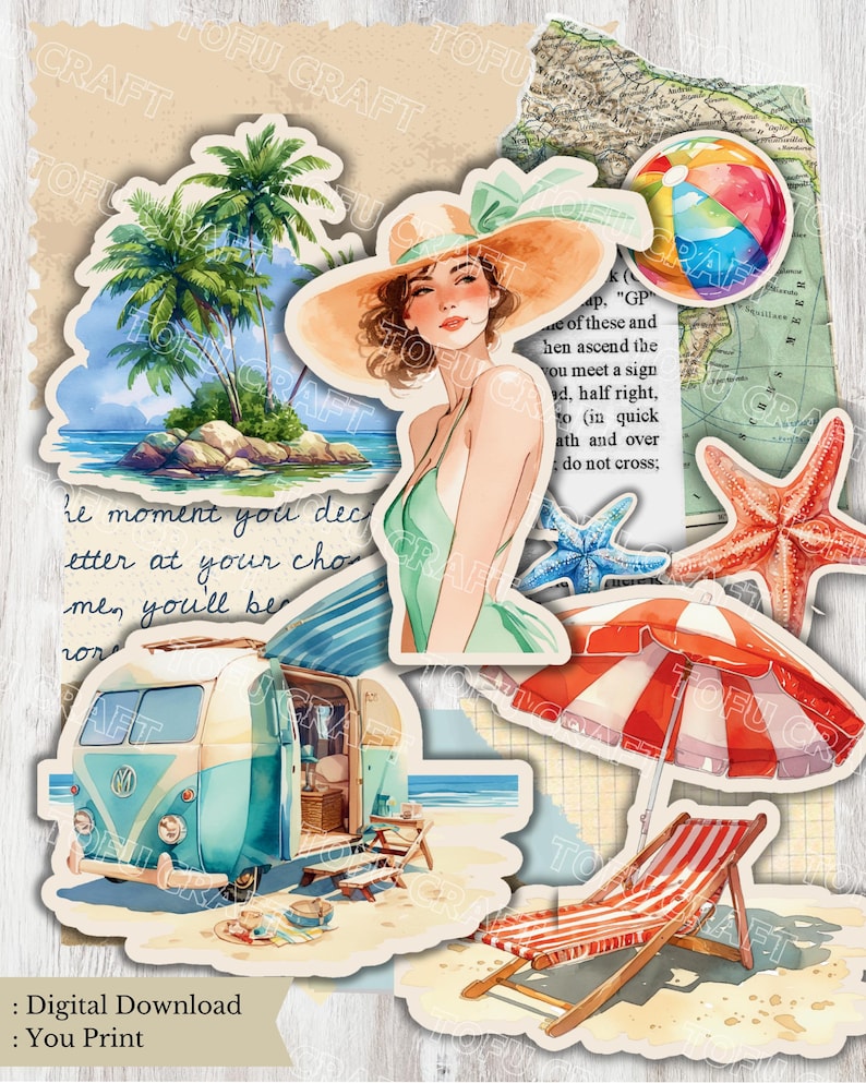 Ocean Beach Fussy Cuts, Printable Ephemera, Summer Scrapbooking ...