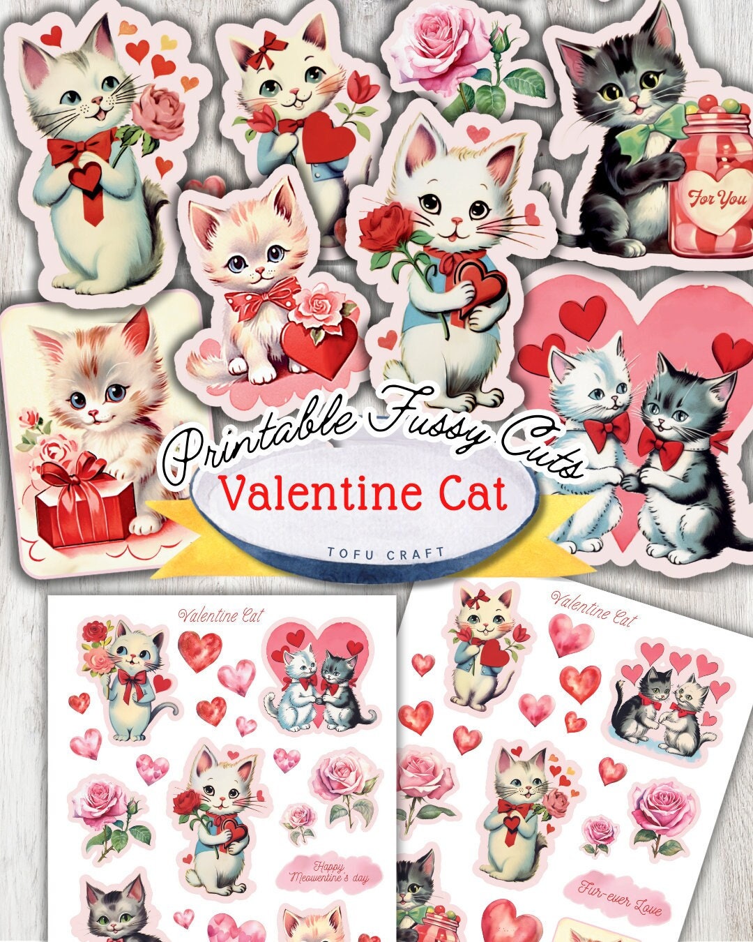 Vintage Valentines Cat Stickers Printable Collage Sheet, Valentine ...