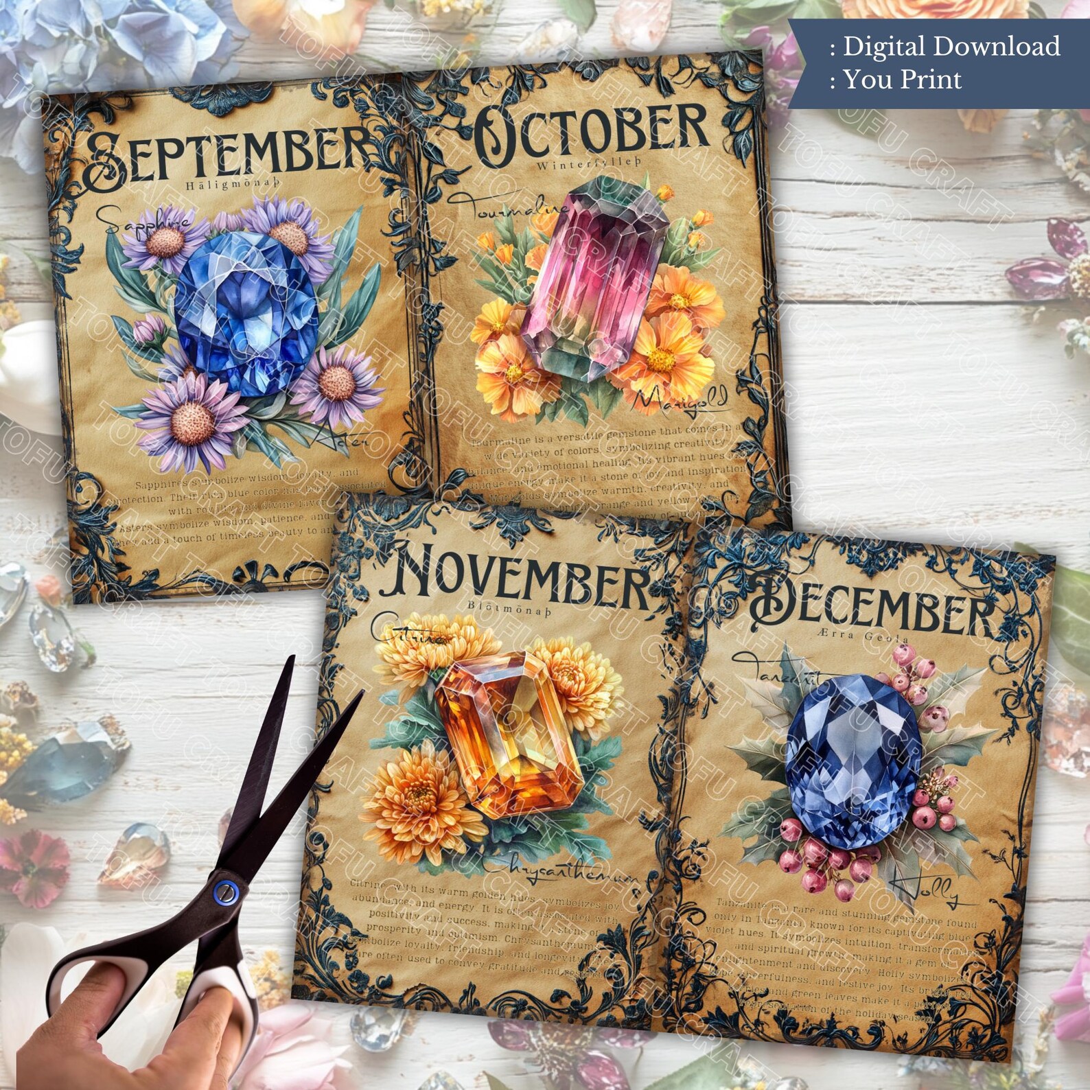 Birthstone Flower Collage Paper, Junk Journal Printable (digital ...