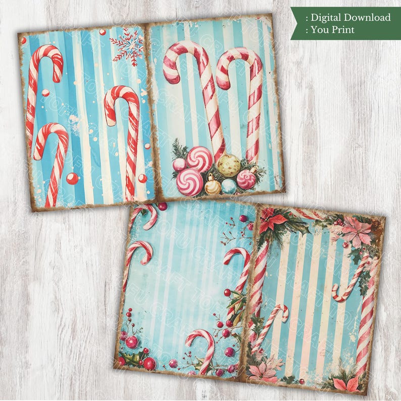 Candy Cane Christmas Junk Journal Pages, Printable Collage Papers ...