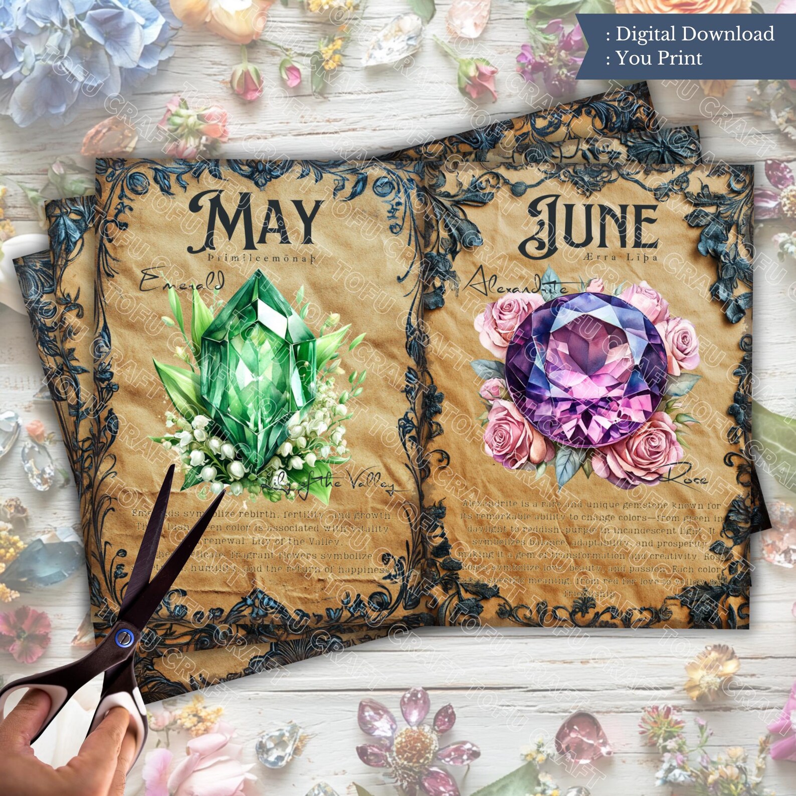 Birthstone Flower Collage Paper, Junk Journal Printable (digital ...