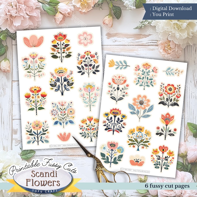 Scandinavian Flower Stickers | Folk Art Ephemera (digital Download) - Etsy