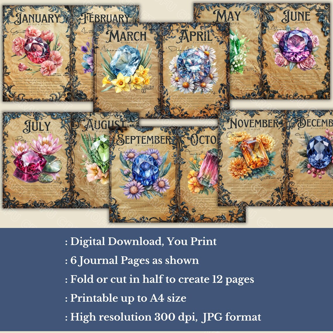 Birthstone Flower Collage Paper, Junk Journal Printable (digital ...