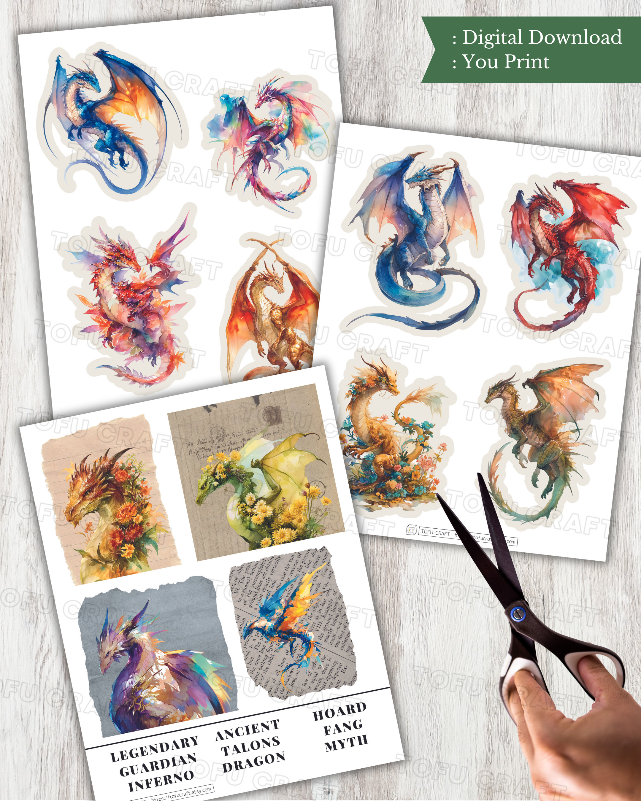Printable Watercolor Dragon Collage Sheet Fantasy Dragon Digital ...