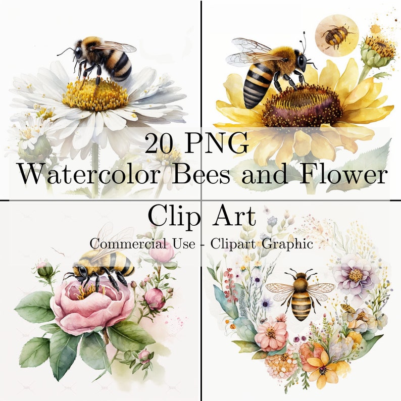 Watercolor Honey Bee and Flowers Clipart, PNG, Commercial Use - Etsy