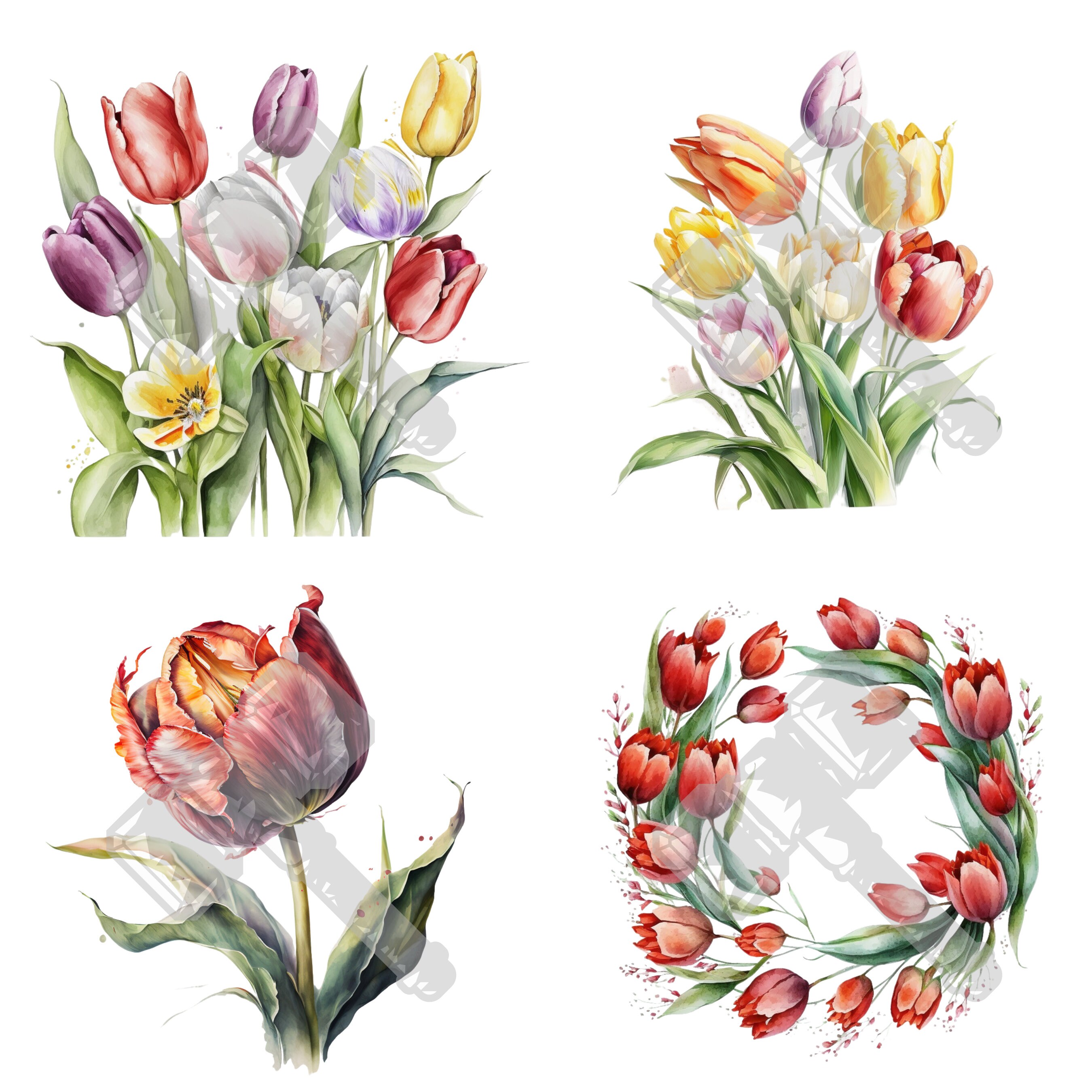 Watercolor Floral Tulips Digital Clipart PNG Instant - Etsy