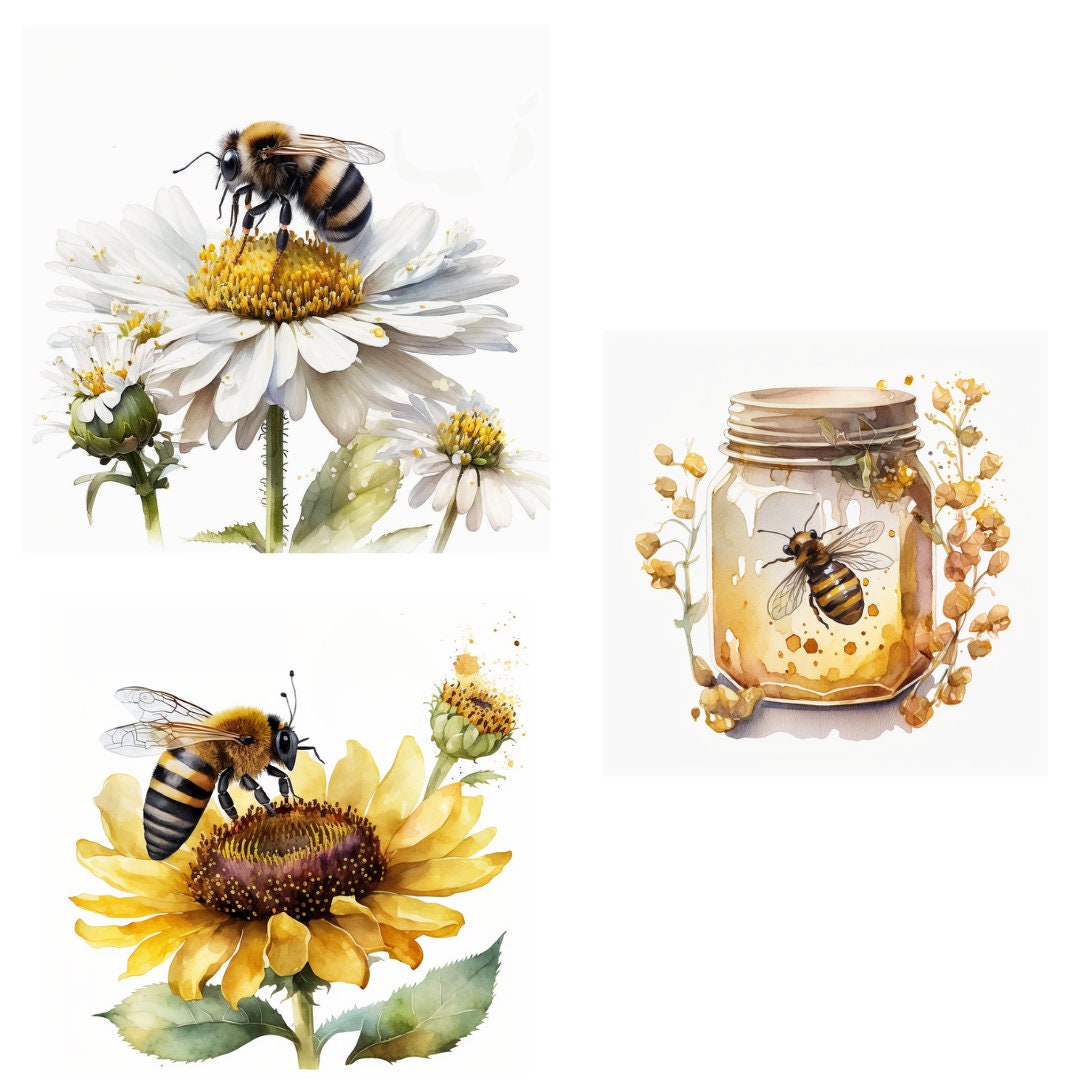 Watercolor Honey Bee and Flowers Clipart, PNG, Commercial Use - Etsy