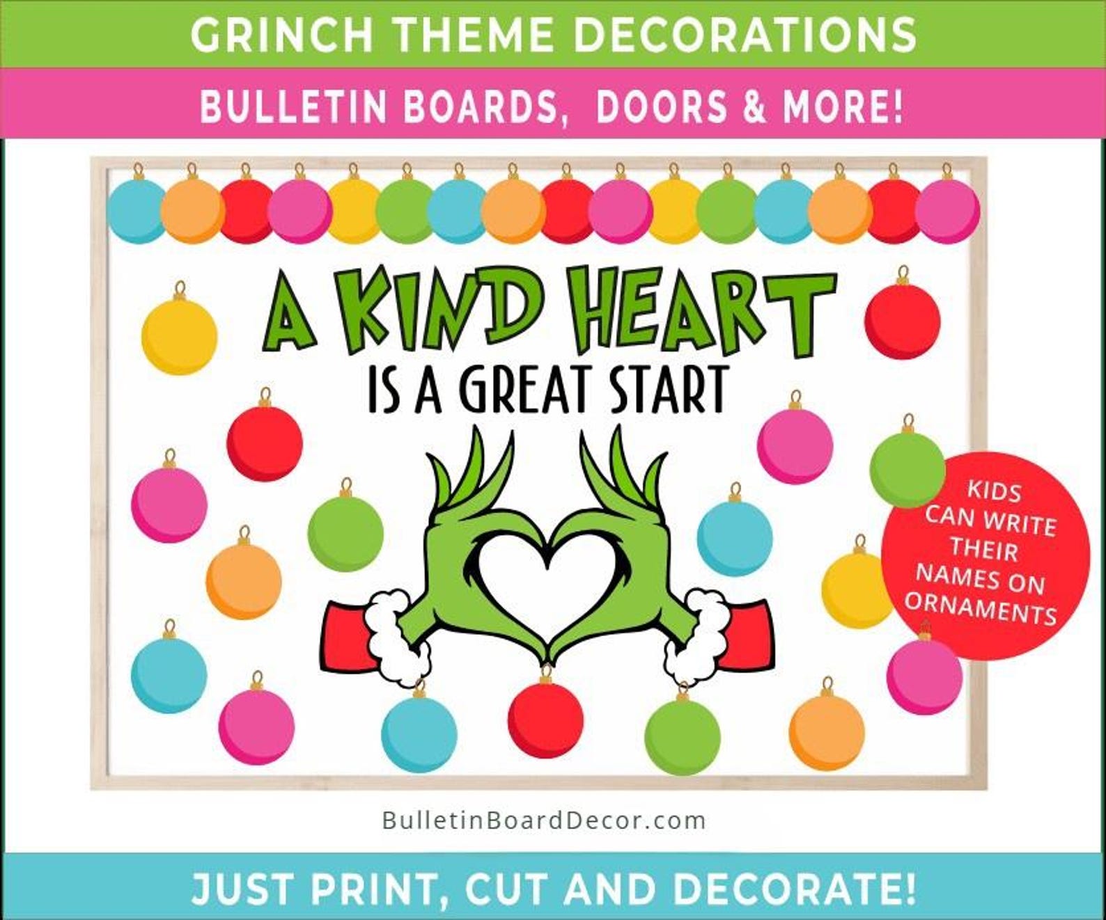 Grinch Inspired Kind Heart Colorful Bulletin Board Decor & Activity ...