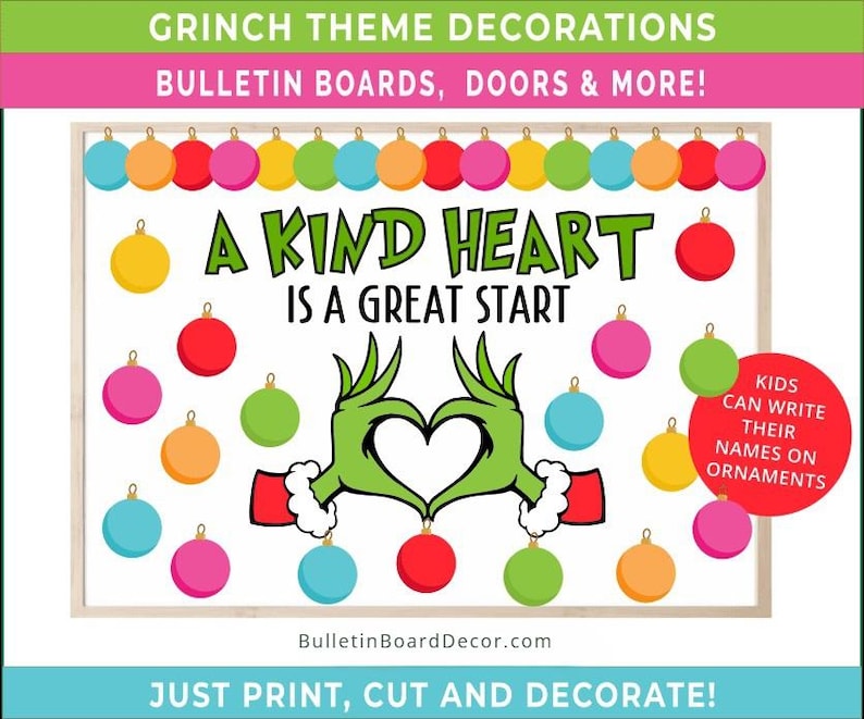 Grinch Inspired Kind Heart Colorful Bulletin Board Decor & Activity ...