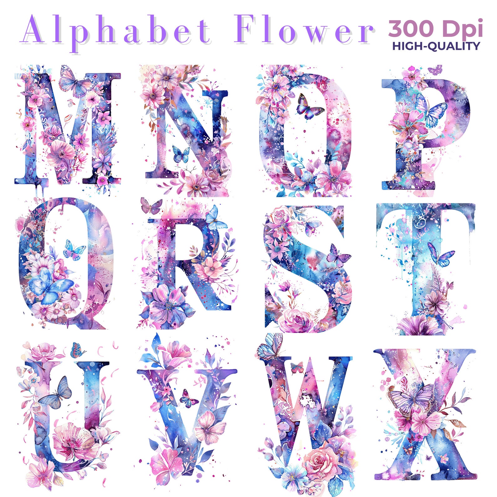 Watercolor Alphabet Floral Letters Clipart PNG Set Blue Pink Alphabet ...