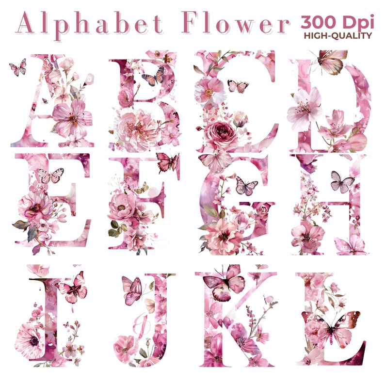 Watercolor Alphabet Floral Letters Clipart PNG Set Pink Alphabet ...