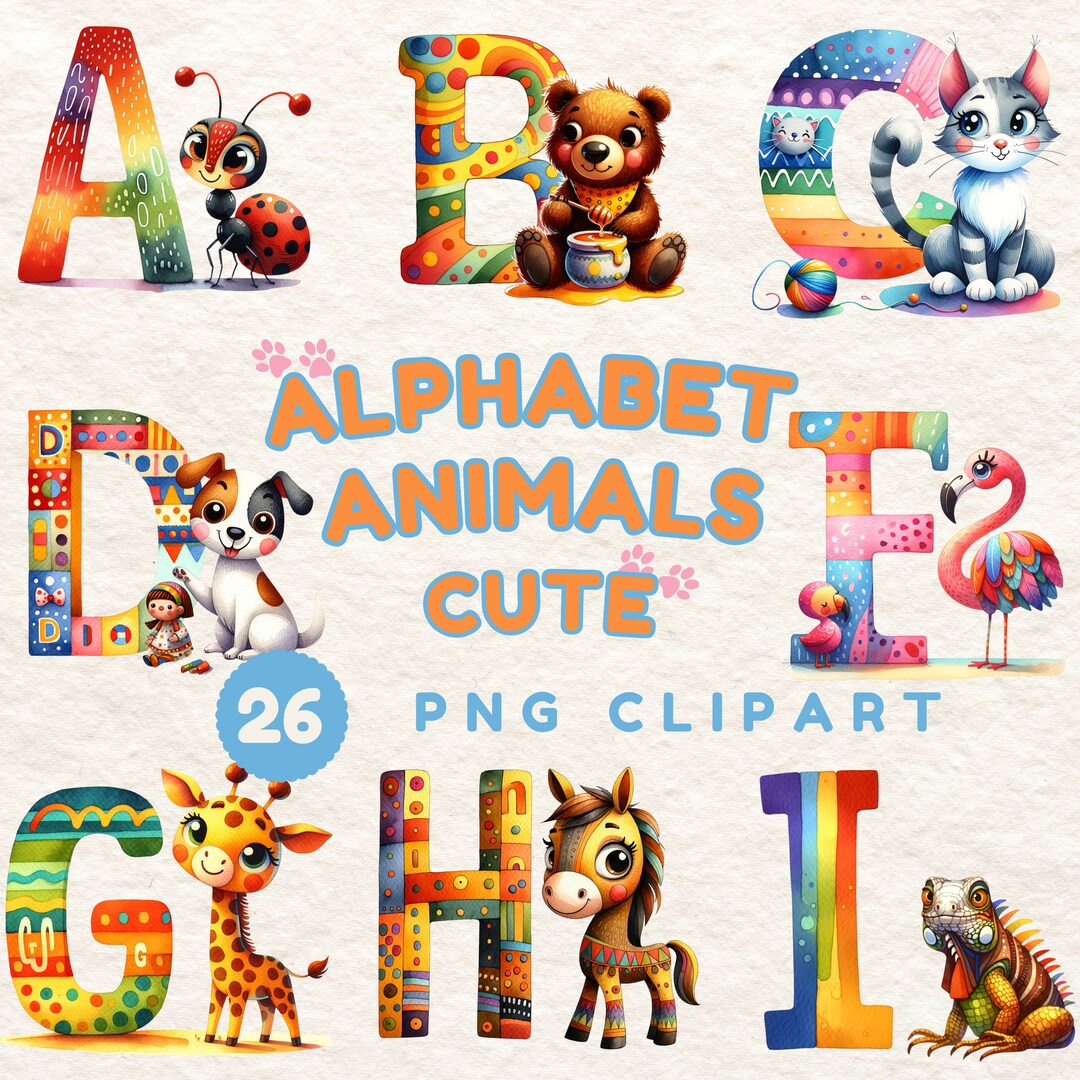 Watercolor Animal Alphabet Clipart, Boho Animal Alphabet PNG, Baby ...