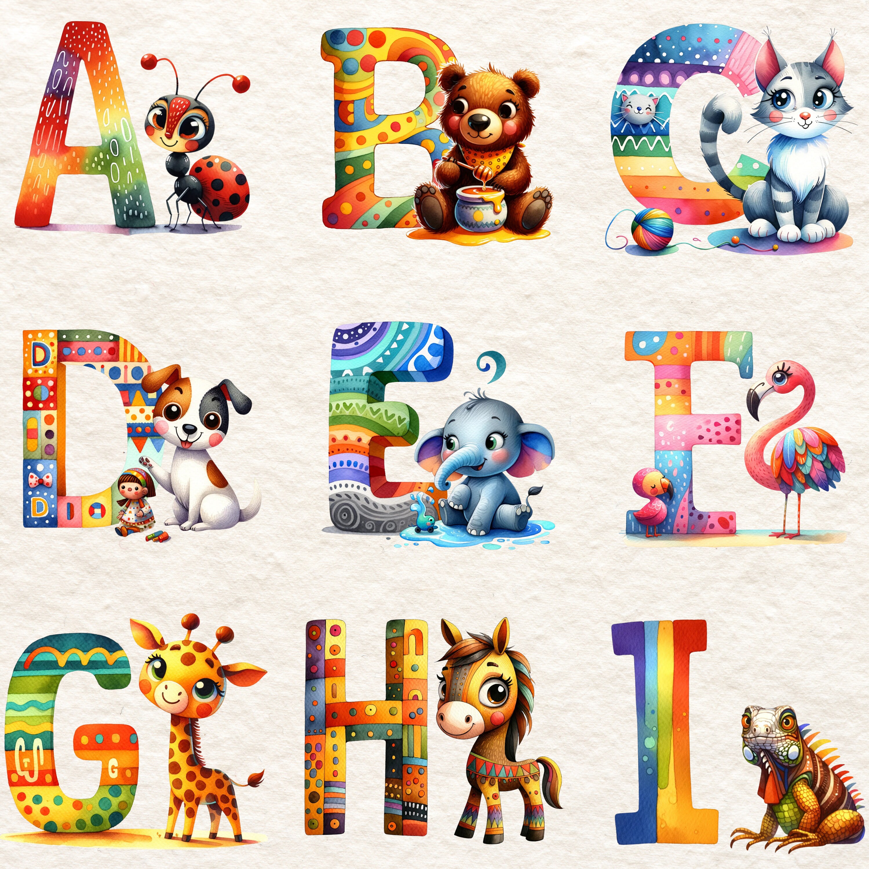 Watercolor Animal Alphabet Clipart, Boho Animal Alphabet PNG, Baby ...