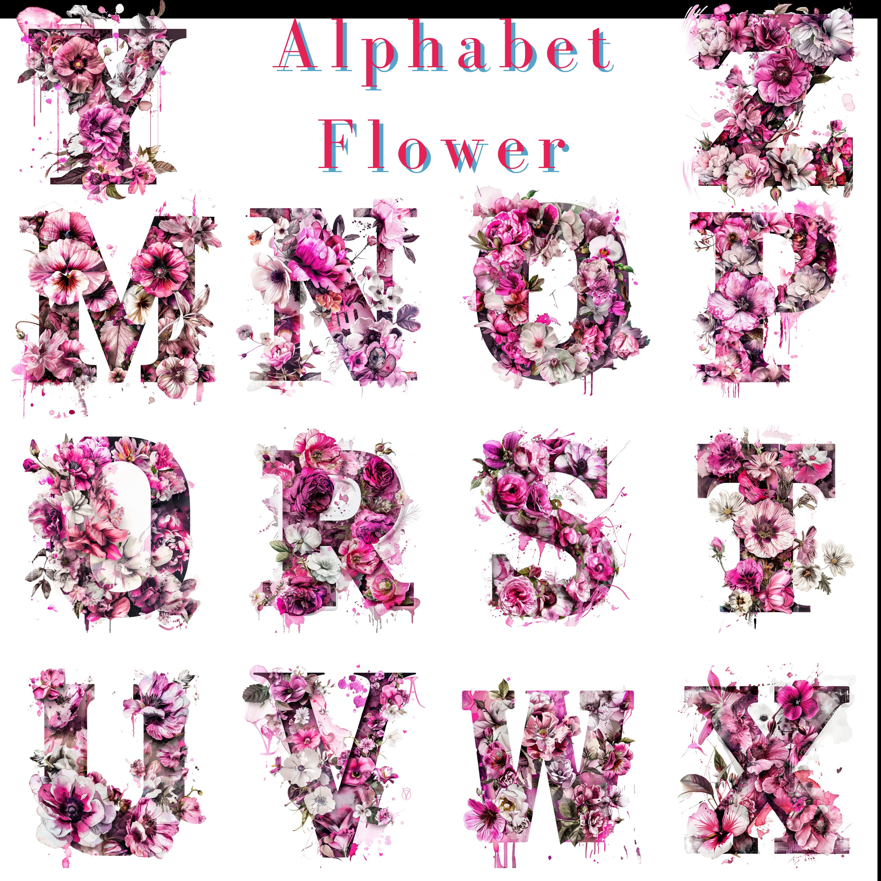 Watercolor Floral Alphabet Letters Clipart PNG Set Pink Alphabet ...