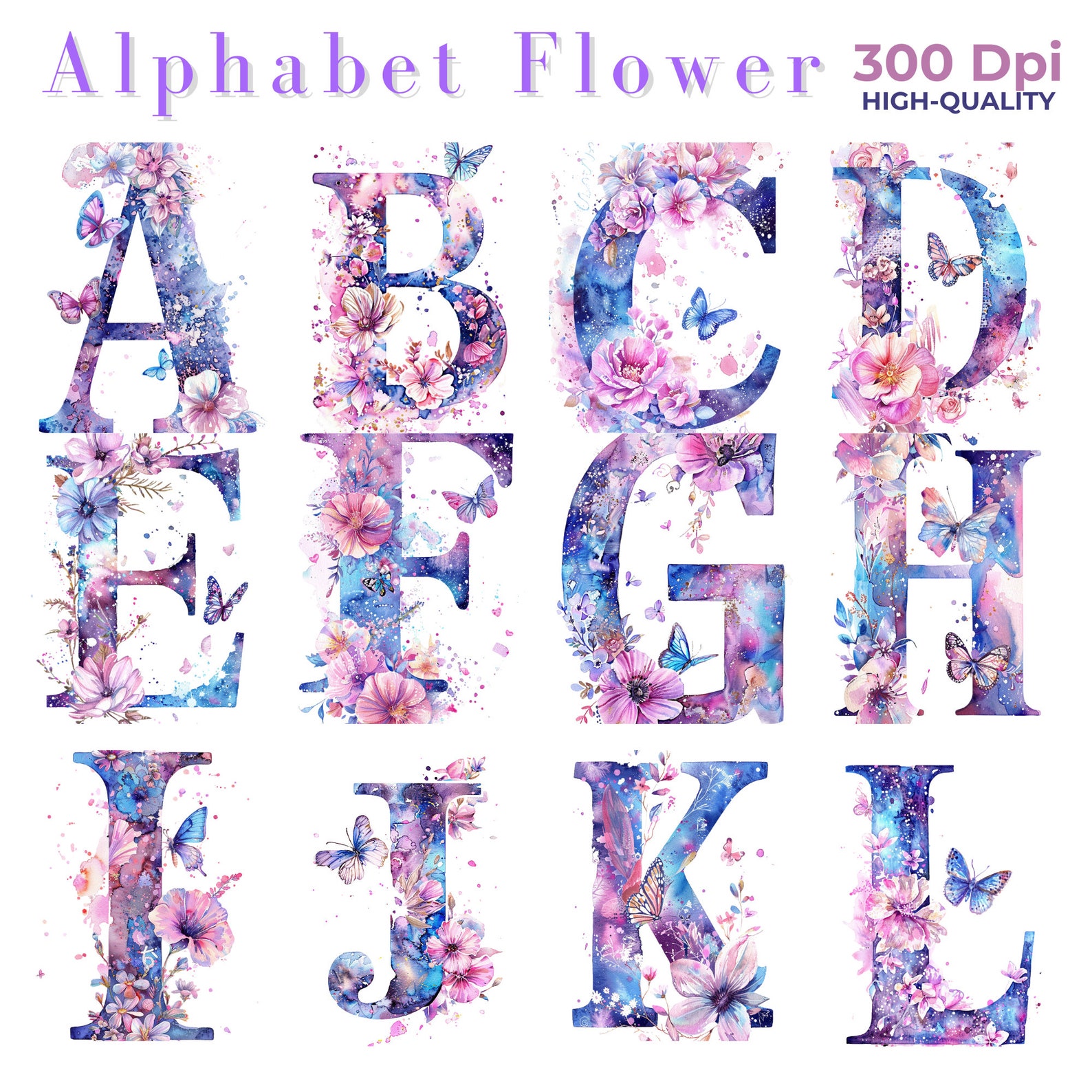 Watercolor Alphabet Floral Letters Clipart PNG Set Blue Pink Alphabet ...