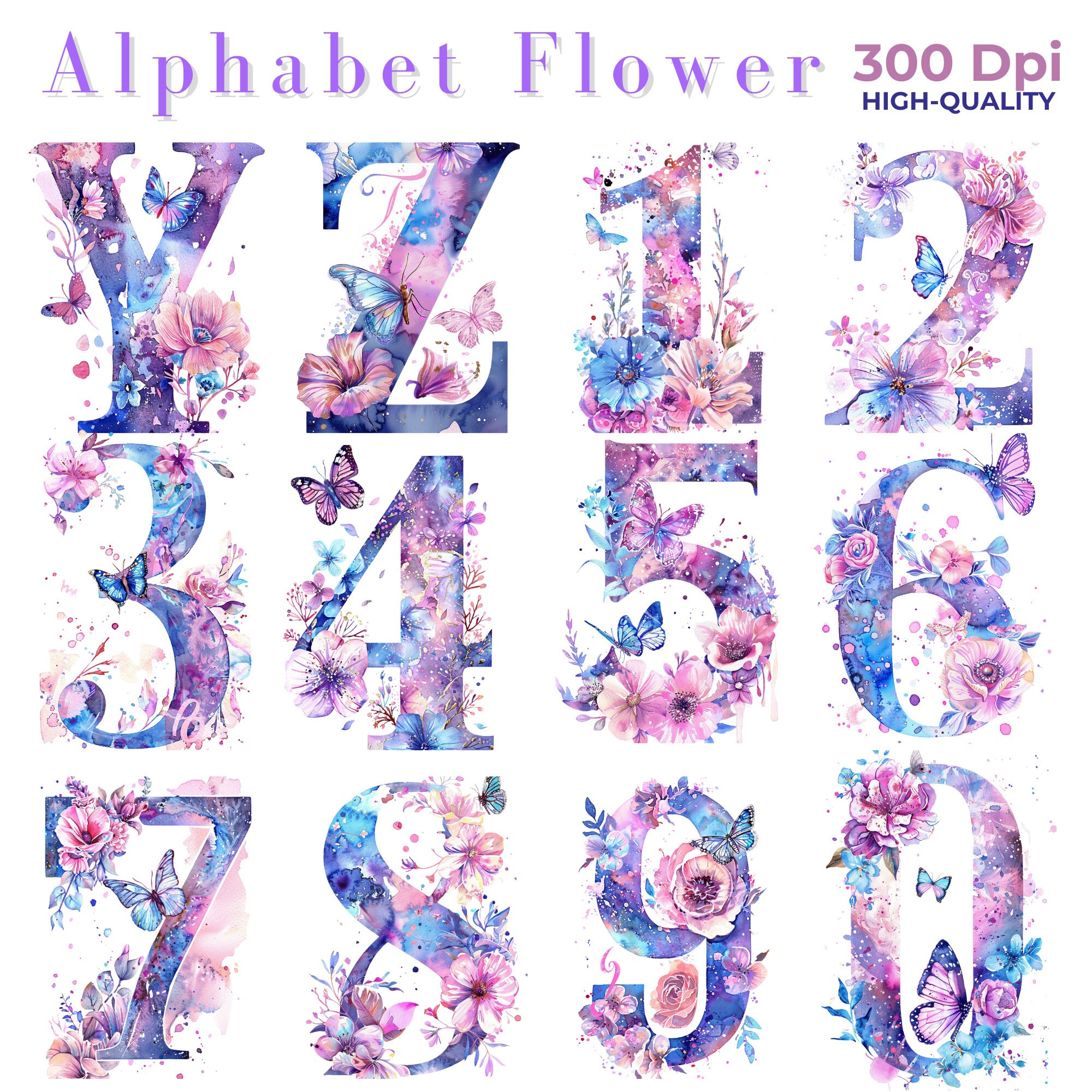 Watercolor Alphabet Floral Letters Clipart PNG Set Blue Pink Alphabet ...