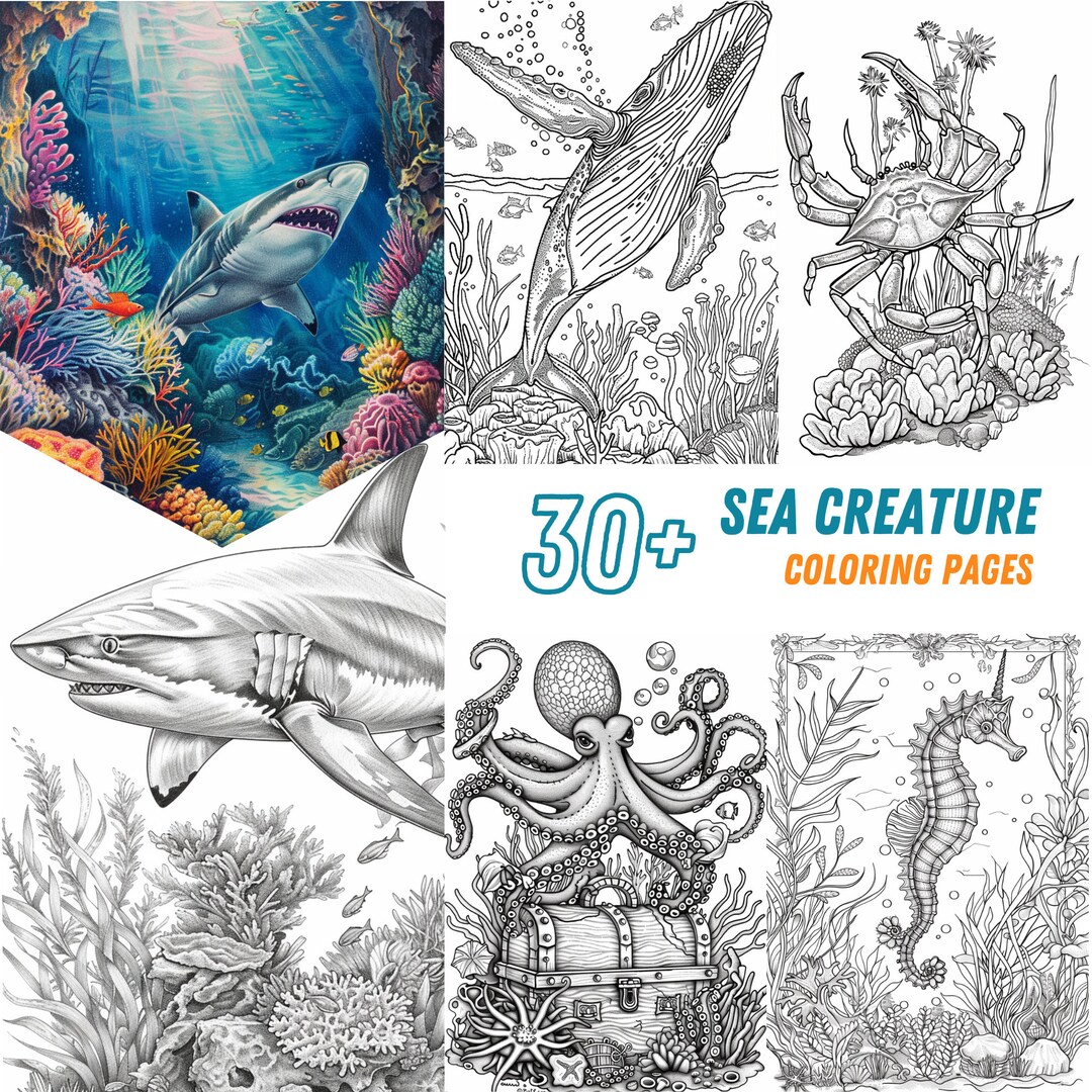 Coloring Pages 30 Sea Creature - Adult and Kids Coloring Book, Ocean ...