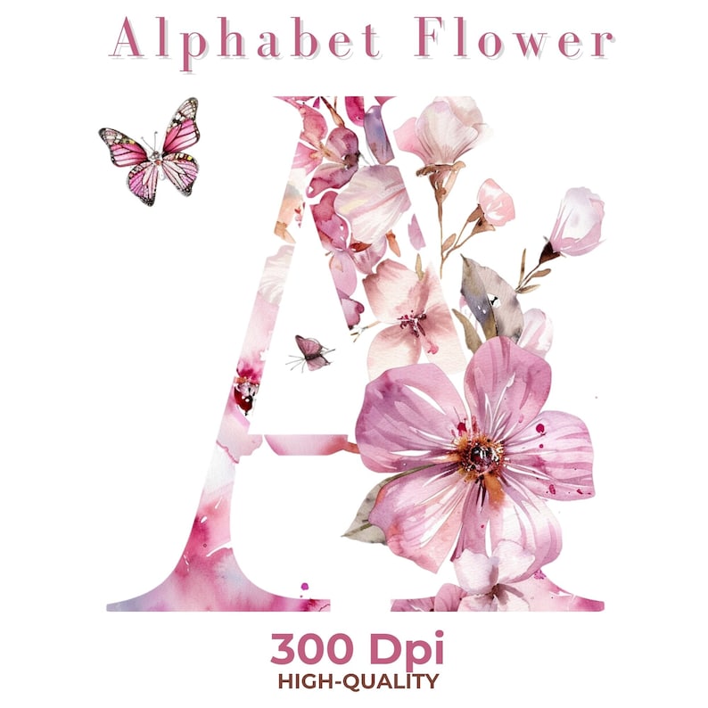 Watercolor Alphabet Floral Letters Clipart PNG Set Pink Alphabet ...