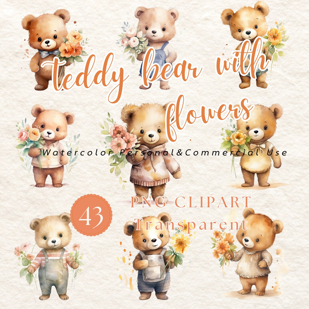 Watercolor Teddy Bears With Flowers, Cute Teddy, Teddy Wildflower ...